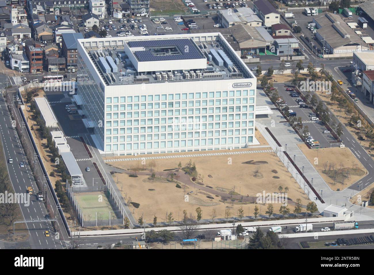 An aerial photo shows the Headquarters Building of Nintendo Co., a ...