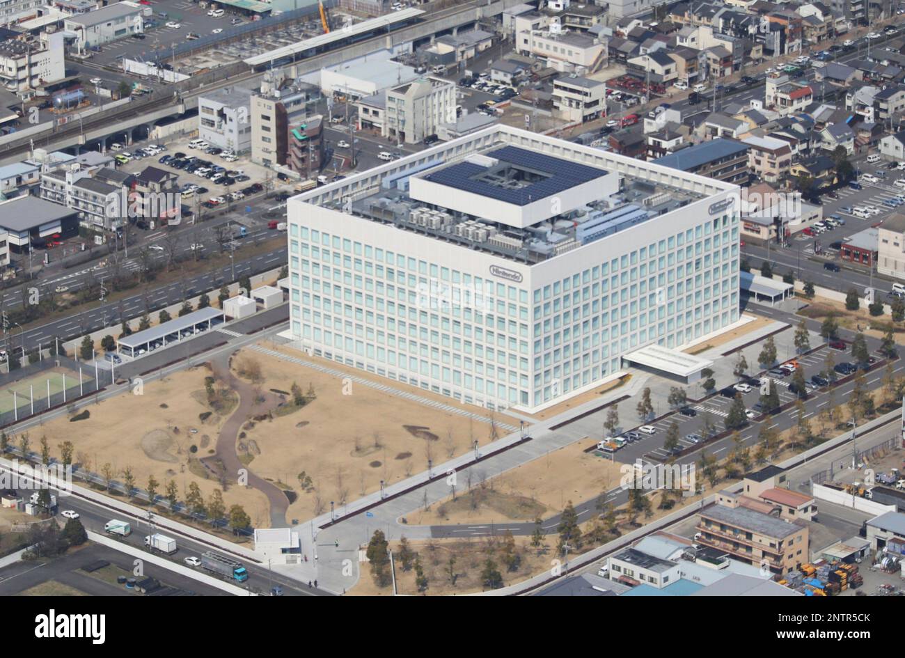 An aerial photo shows the Headquarters Building of Nintendo Co., a ...