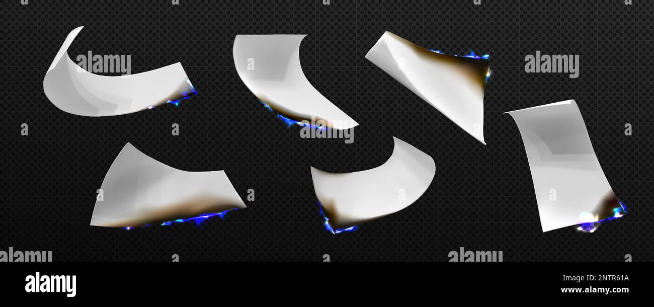 Burning paper sheets with blue fire and black scorched edges fly in air ...