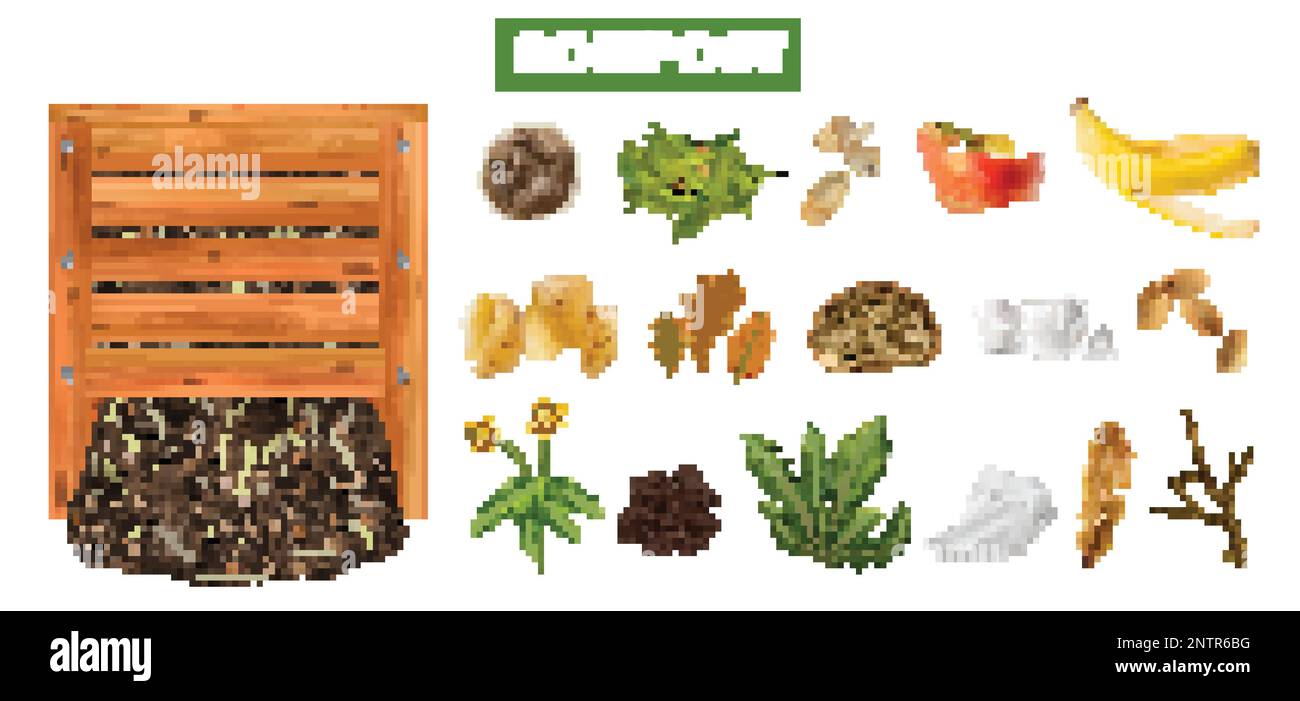 Realistic compost horizontal set of isolated icons with rests of food ...