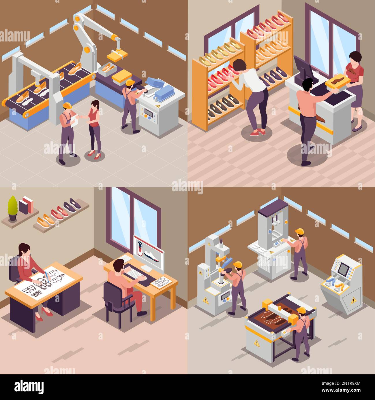 Shoes production concept icons set with forming and sketching symbols ...