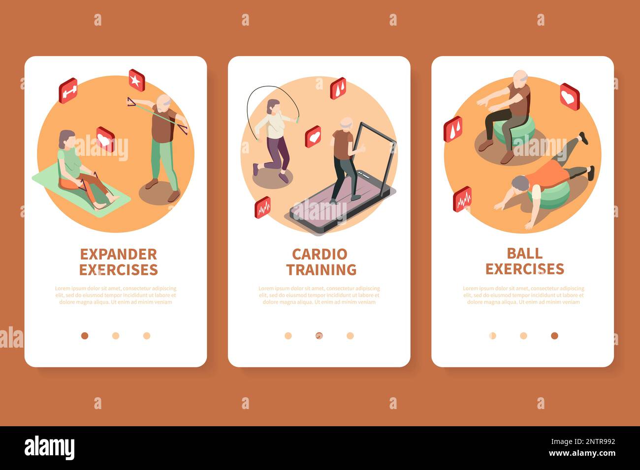 Old people fitness app design with cardio training symbols isometric ...