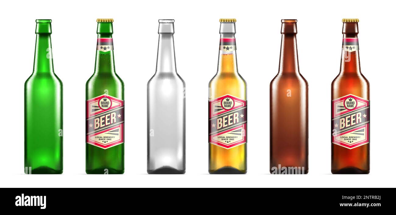 Realistic beer bottles icon set green transparent brown bottles with ...
