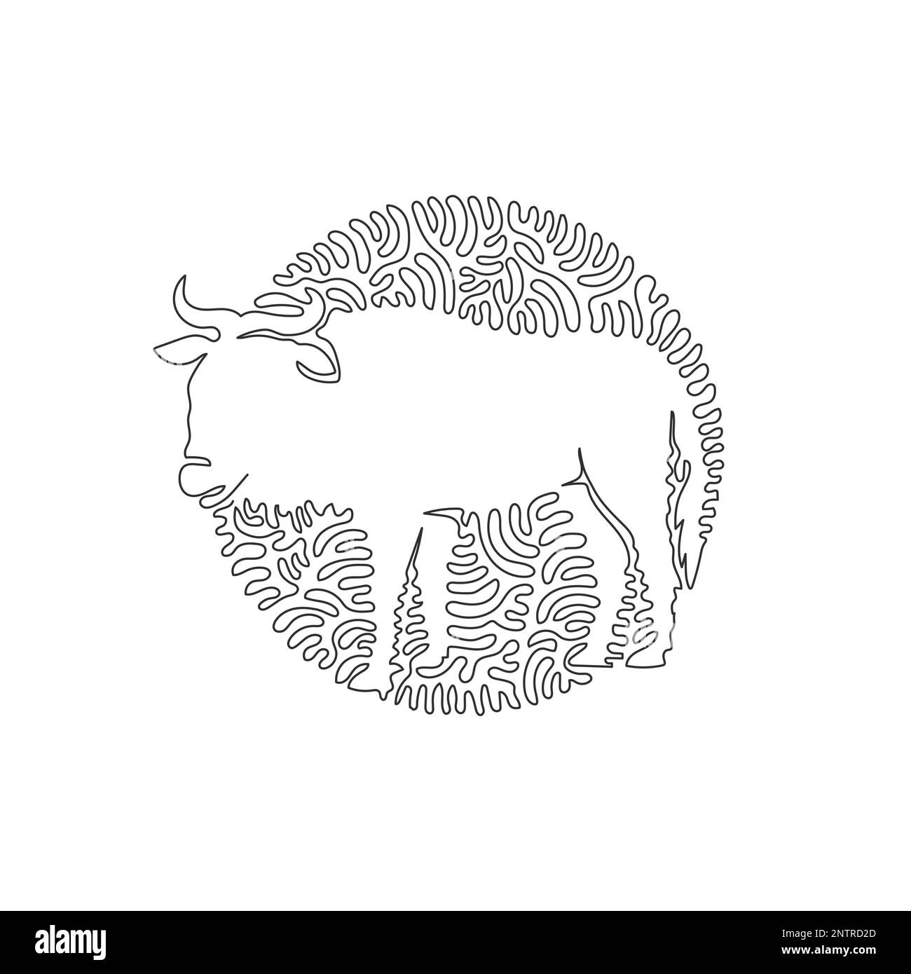 Single one curly line drawing of adorable wildebeest abstract art ...