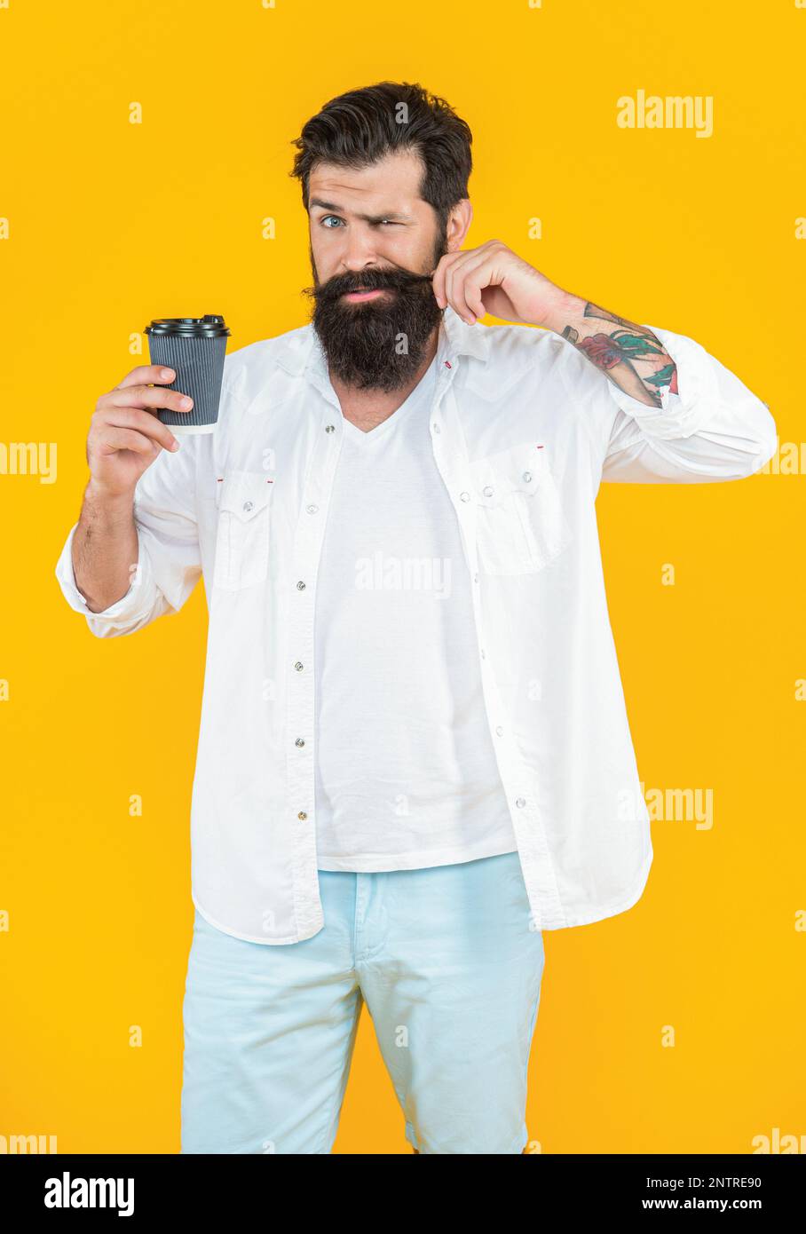 confused guy with morning coffee on background. guy with morning coffee ...