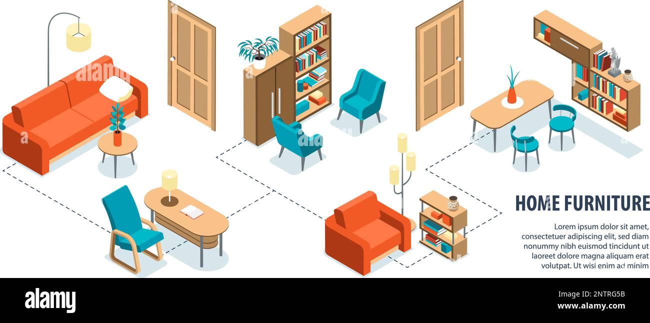 Isometric home furniture interior infographics with flowchart isolated ...