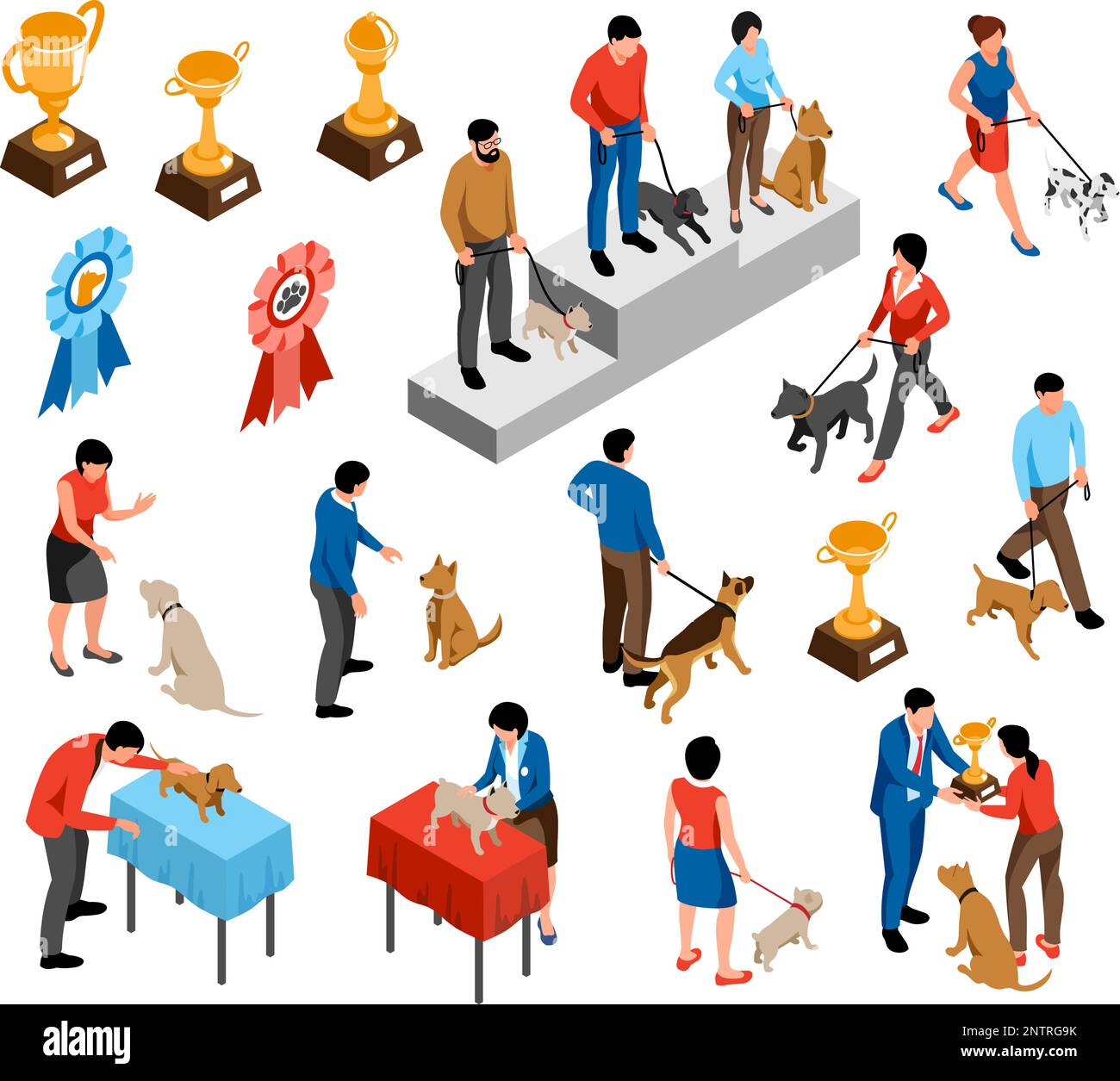 Isometric dog show set with isolated icons of trophy cups winners ...