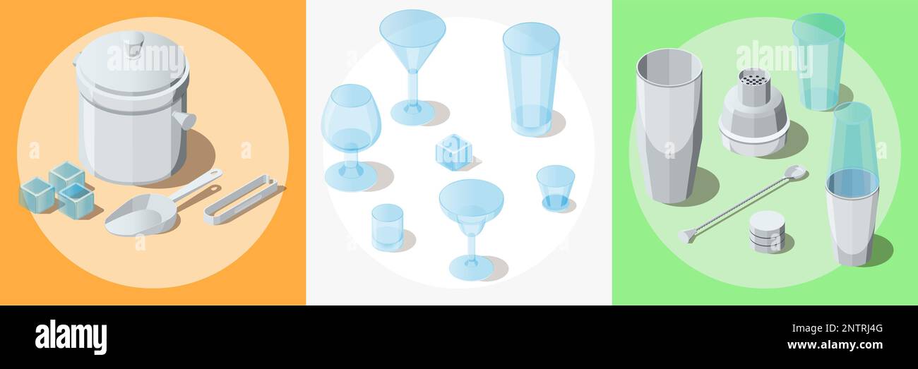 Bartender and barman isometric square set with bar utensils symbols ...