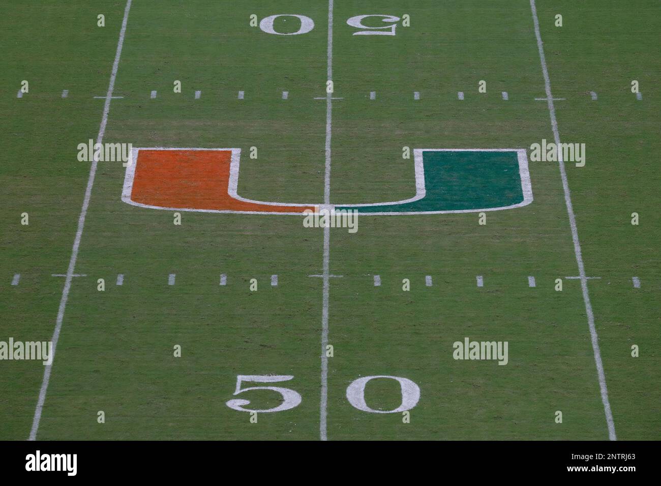 A detail view of the University of Miami Hurricanes logo at midfield ...