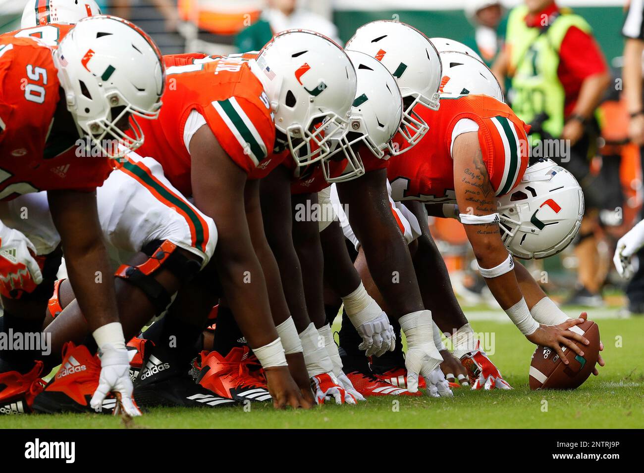 University of Miami Hurricanes line up on the line of scrimmage during ...