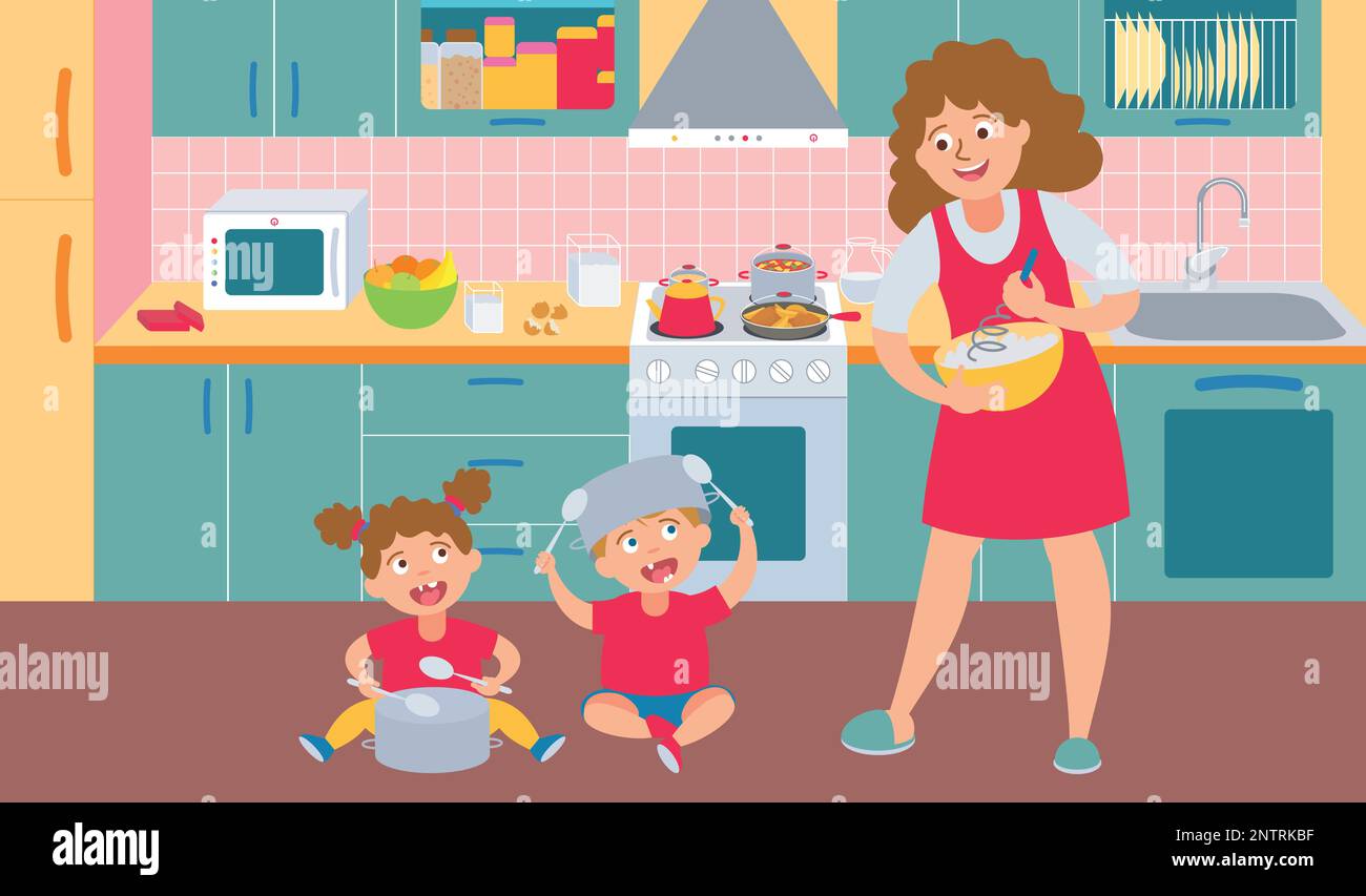 Children bad behavior flat compositons with naughty kids and mom on a ...