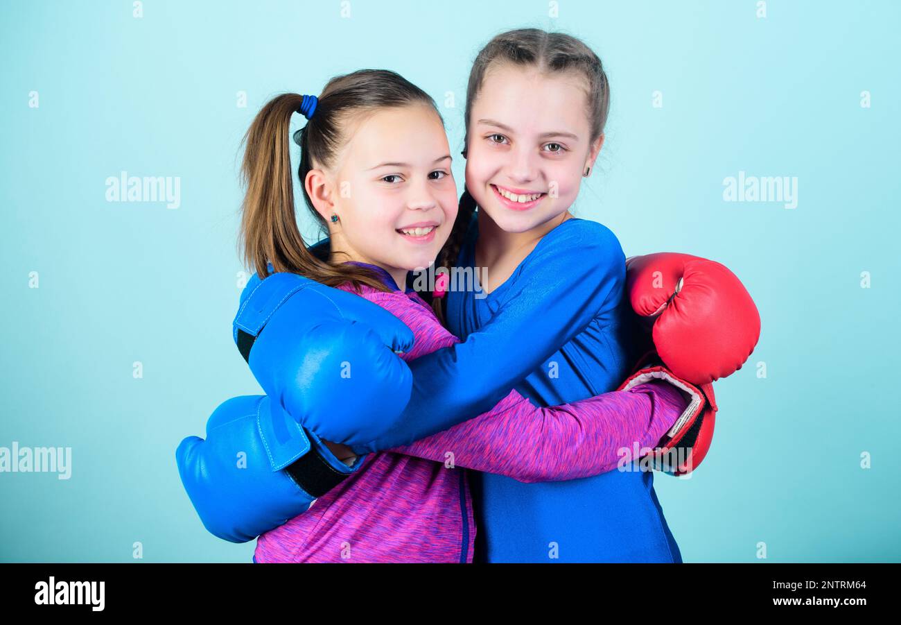 Happy children sportsman in boxing gloves. Sport success. Friendship ...