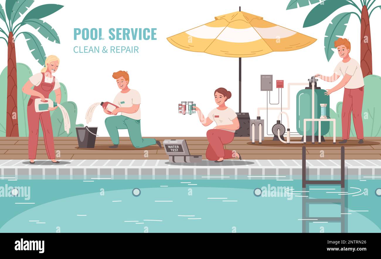 Pool service cartoon background with workers in uniform cleaning ...