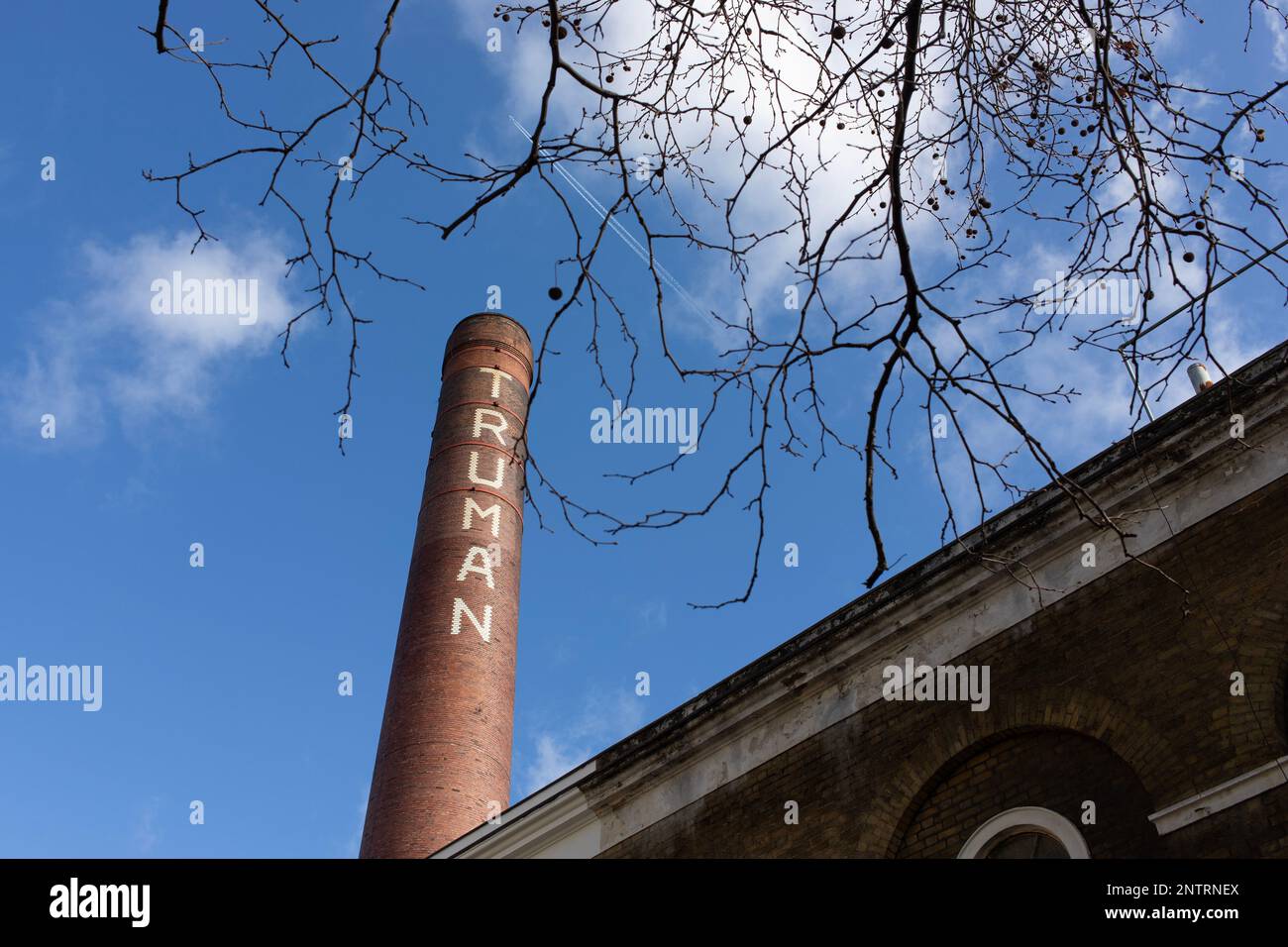 The brick chimney of the historic Truman Brewery on Brick Lane, east ...