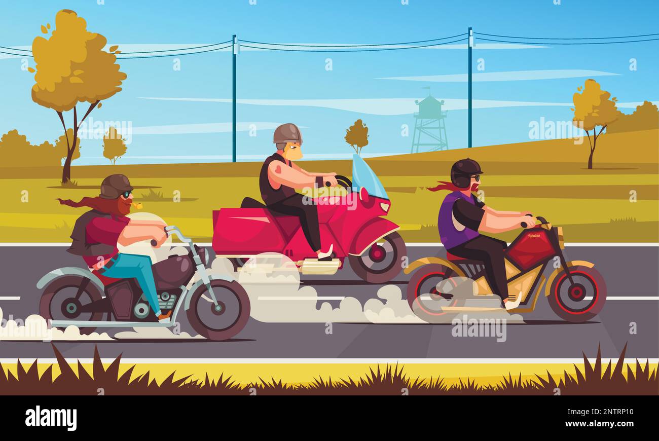 Bikers cartoon scene with bearded males riding motorcycles by country ...