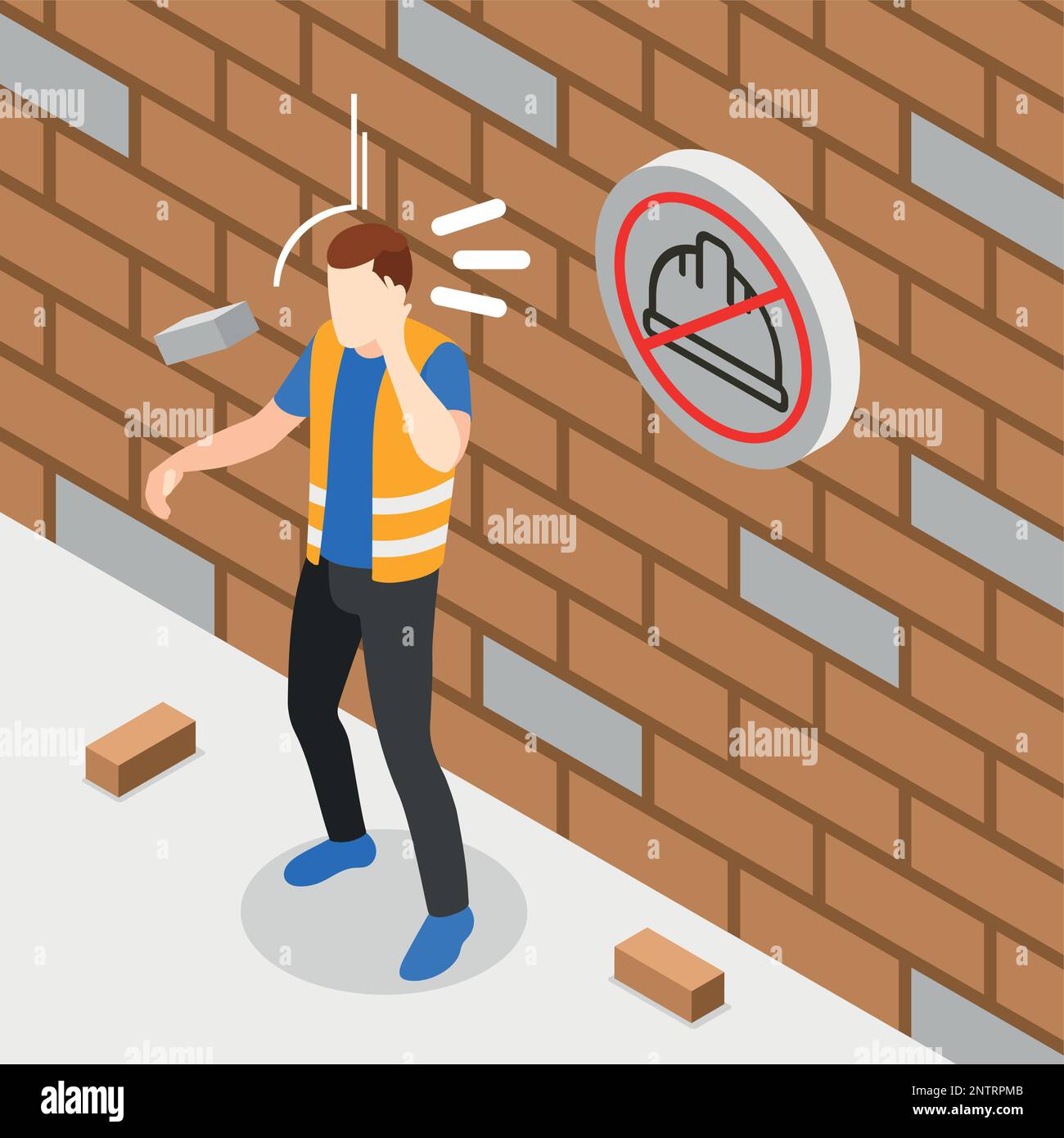Safety precaution at work place isometric background with man hit with ...