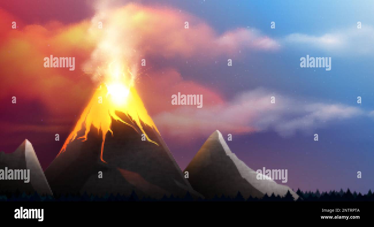 Lava volcano realistic composition with outdoor landscape and view of ...