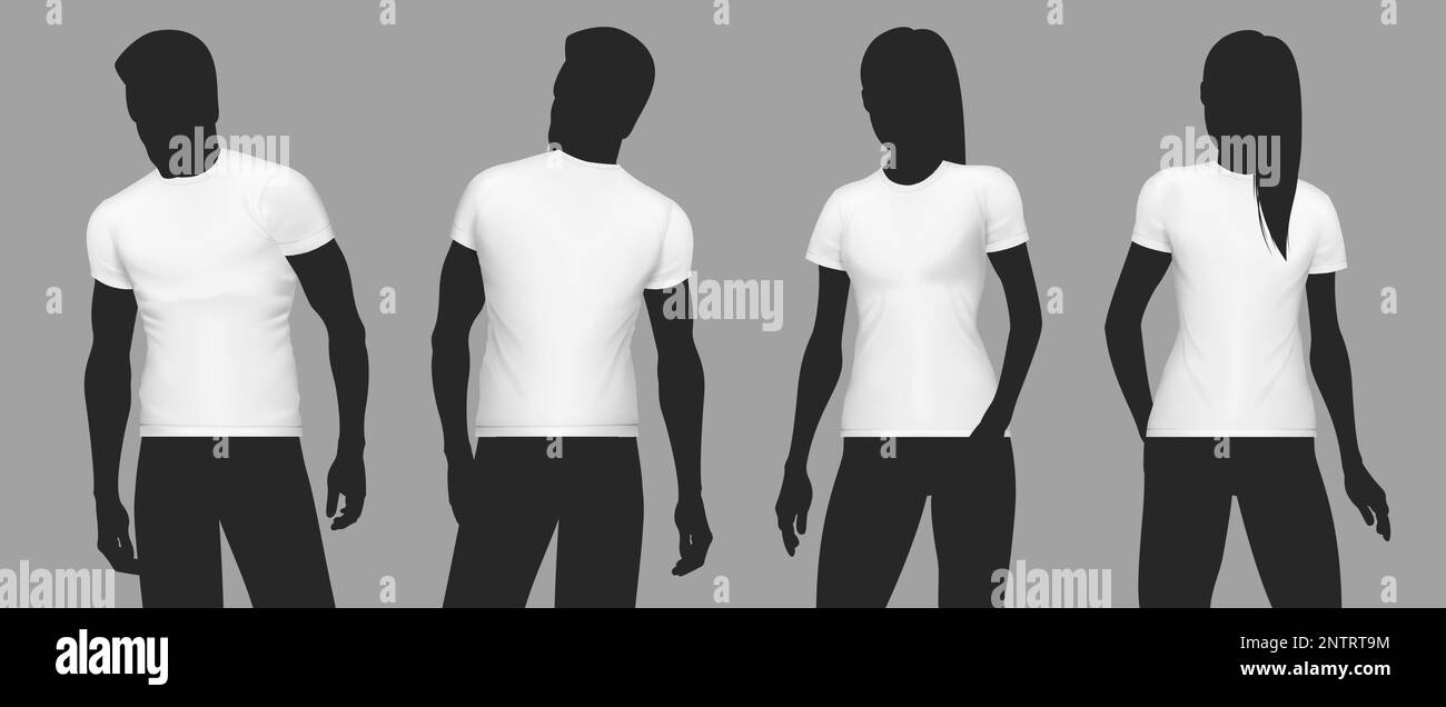 Realistic t shirt mockup silhouette icon set white t shirts worn by ...