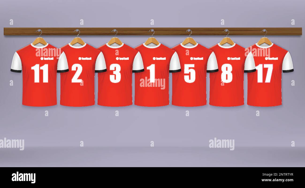 Football team red and white sport uniform with numbers on hanger ...