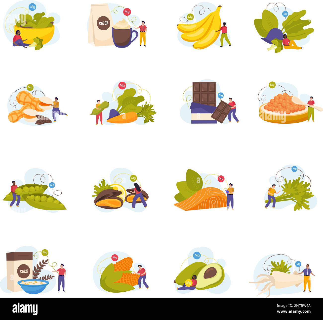 Healthy high magnesium foods flat icons set with tiny human characters ...