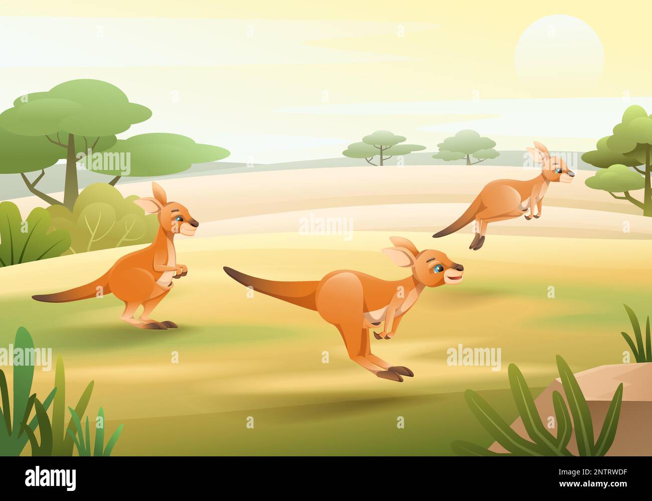 Three cute kangaroos jumping across green plain with trees and sun in ...