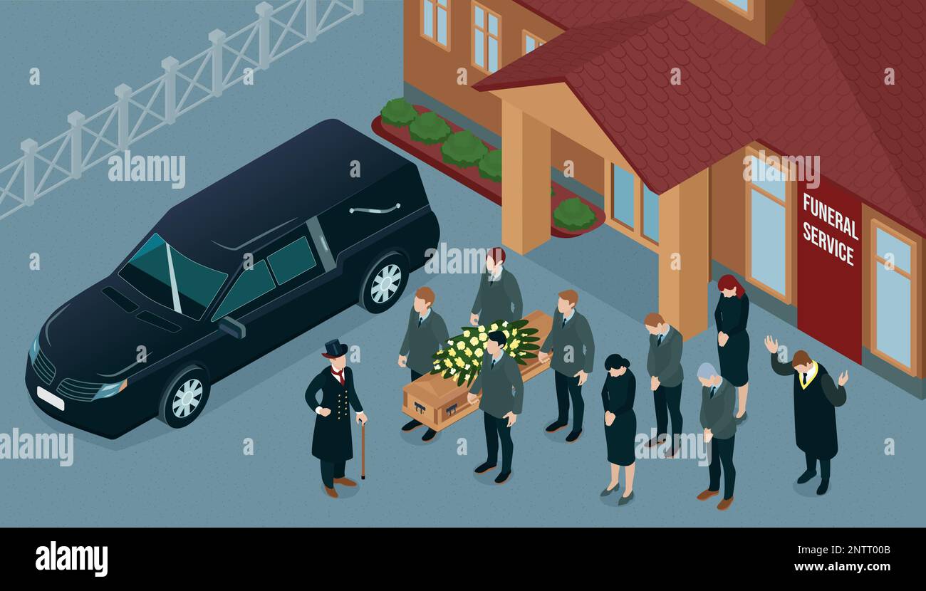 Funeral service isometric background with hearse people carrying coffin ...