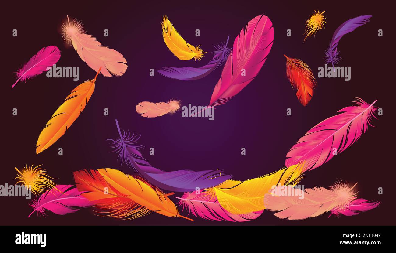 Realistic feathers composition with images of falling neon colored bird ...