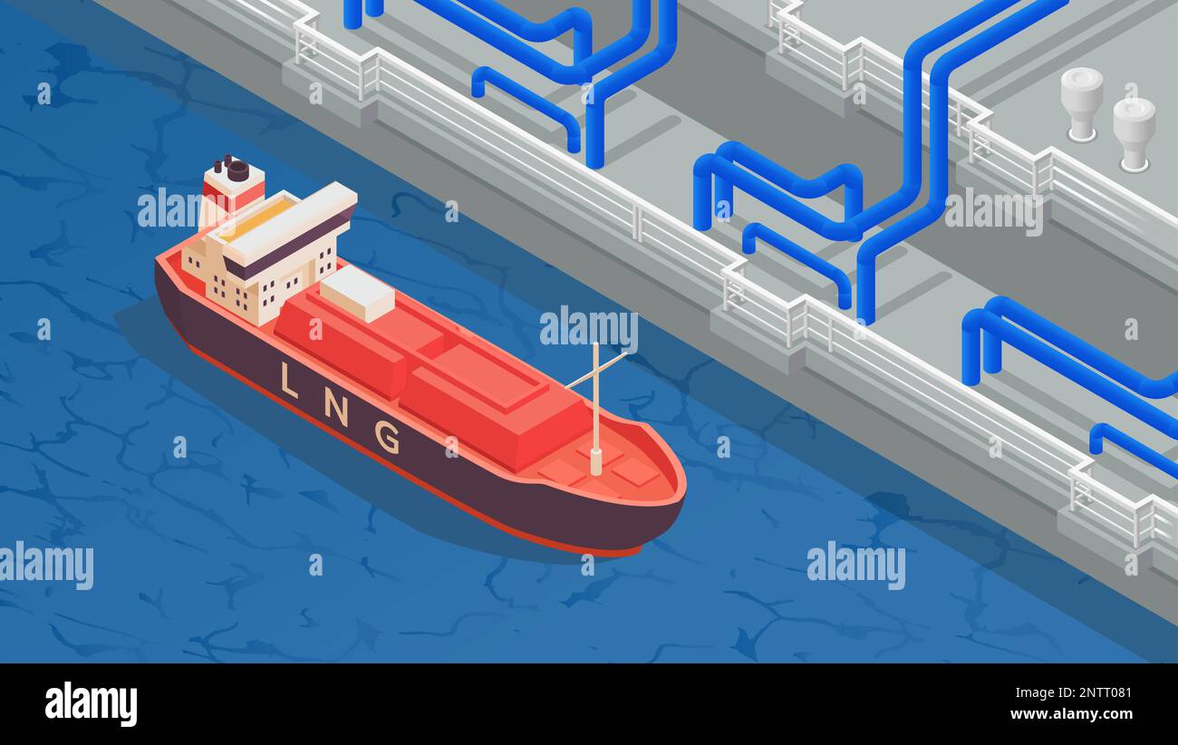 Gas industry isometric background with tanker mooring to berth equipped ...