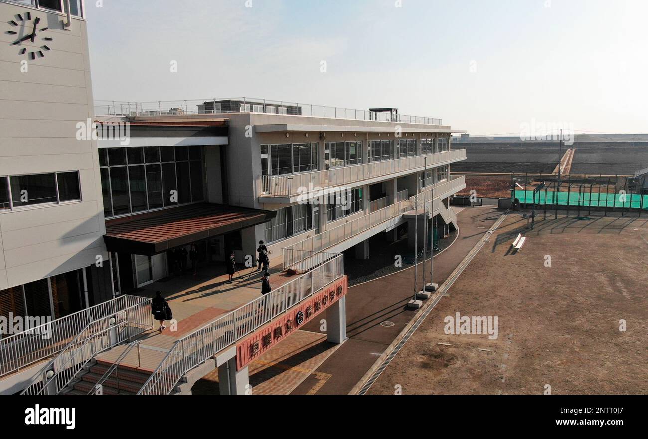 A rebuilt Arahama Junior High School is pictured at 1-kilometer form ...