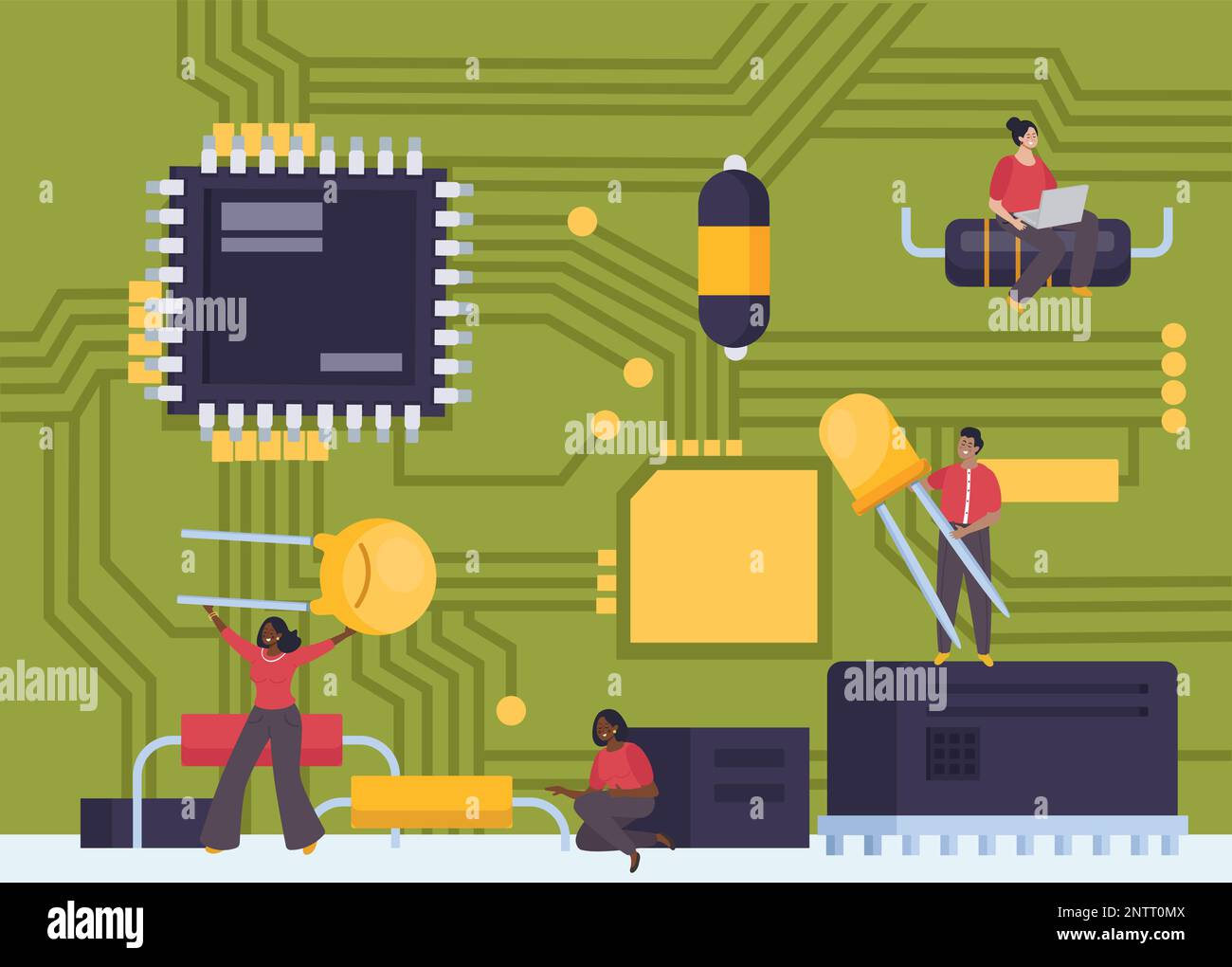 Microchip flat composition with tiny people holding electronic ...