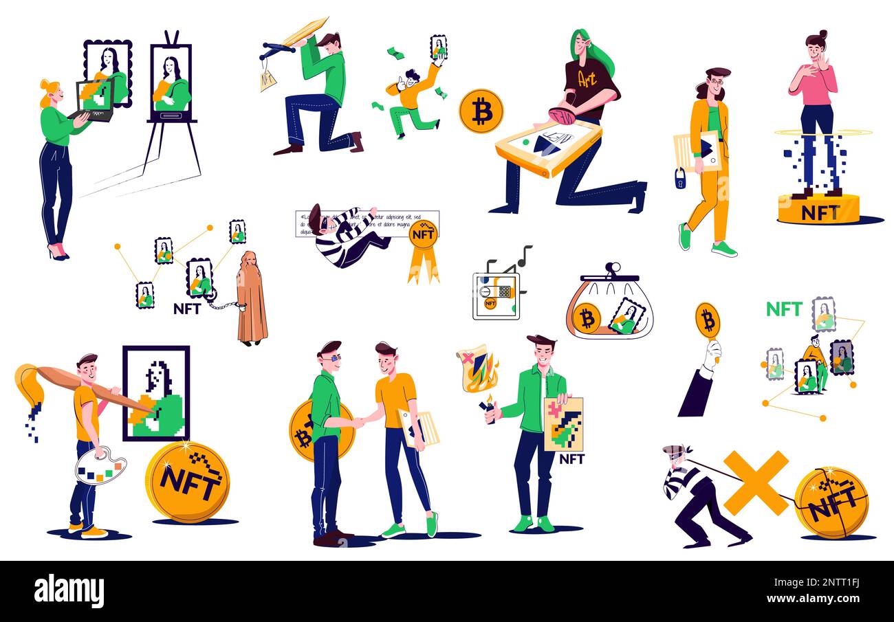 NFT token cryptocurrency flat icon set buying and selling tokens for images and paintings vector ...