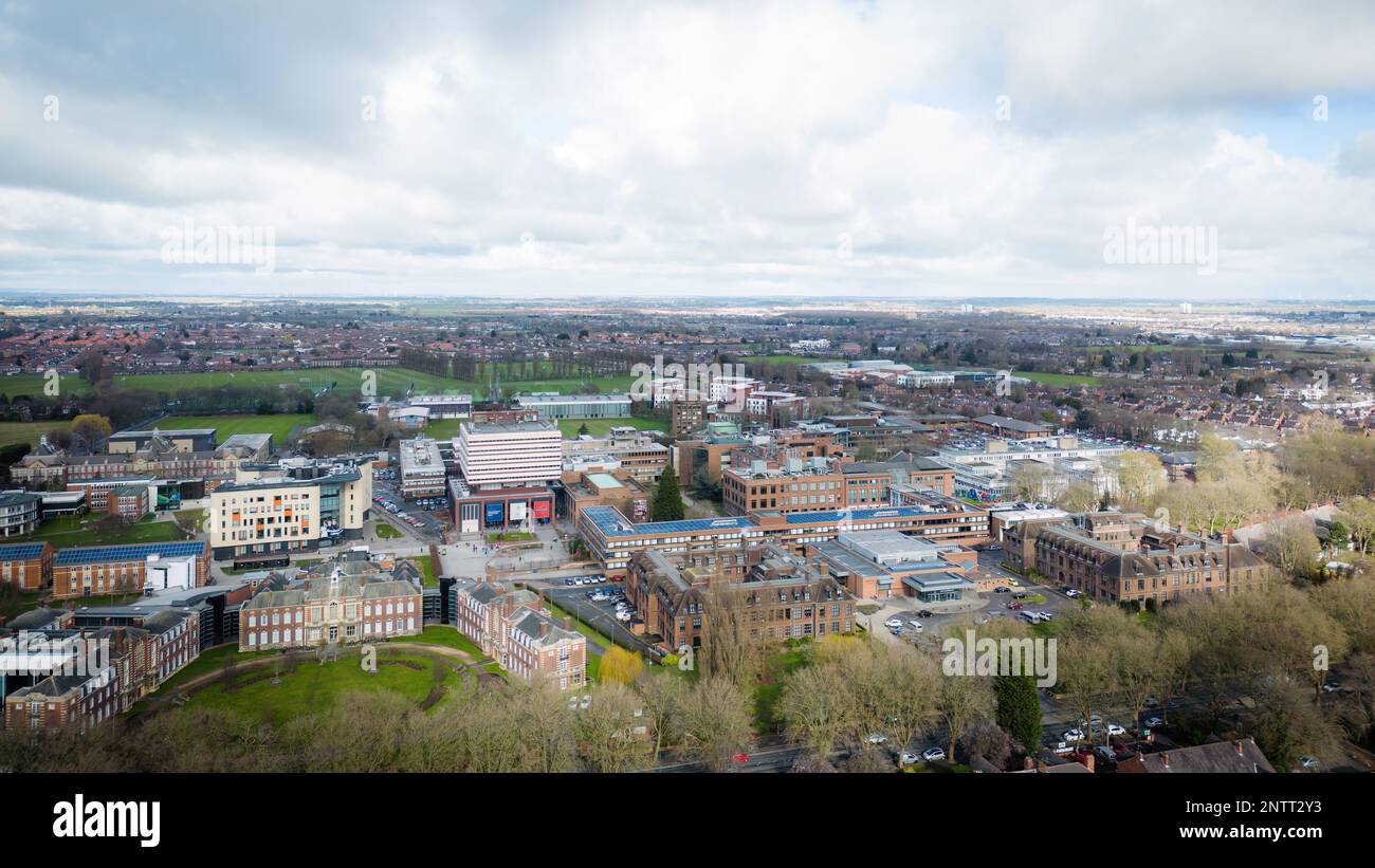 Hull University campus ariel drone view with buildings and city ...