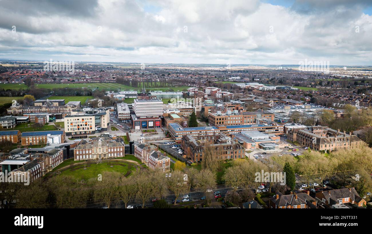 Hull University campus ariel drone view with buildings and city ...