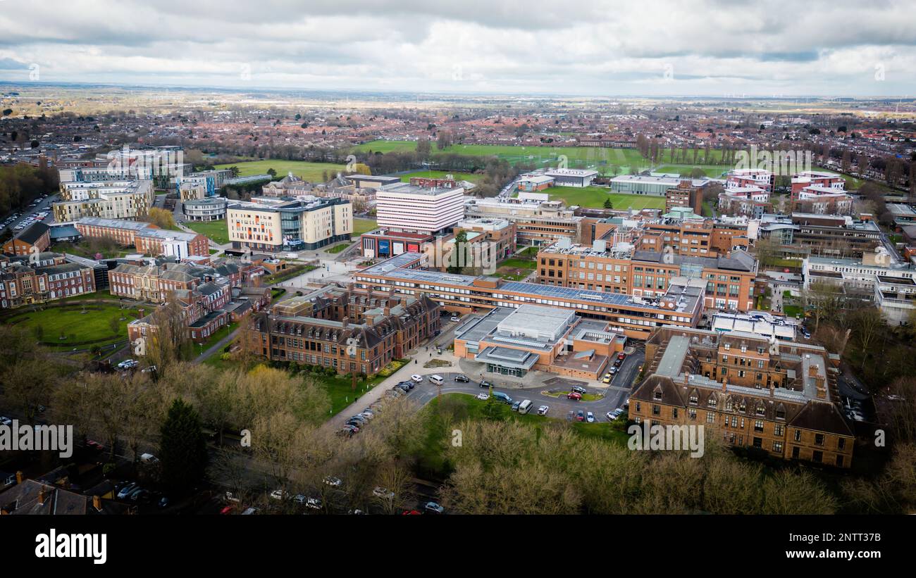 Hull University campus ariel drone view with buildings and city ...