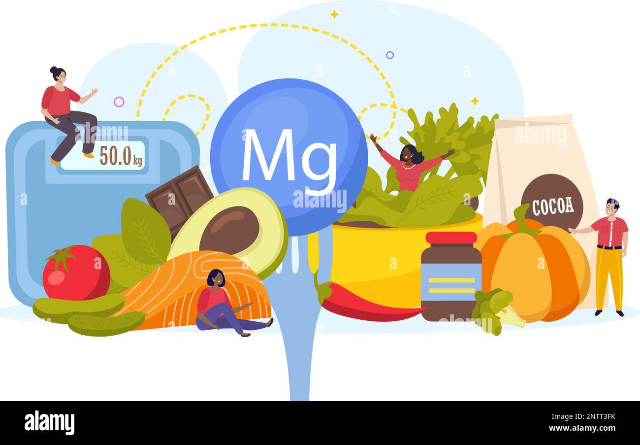 High in magnesium foods composition in flat style with human characters ...