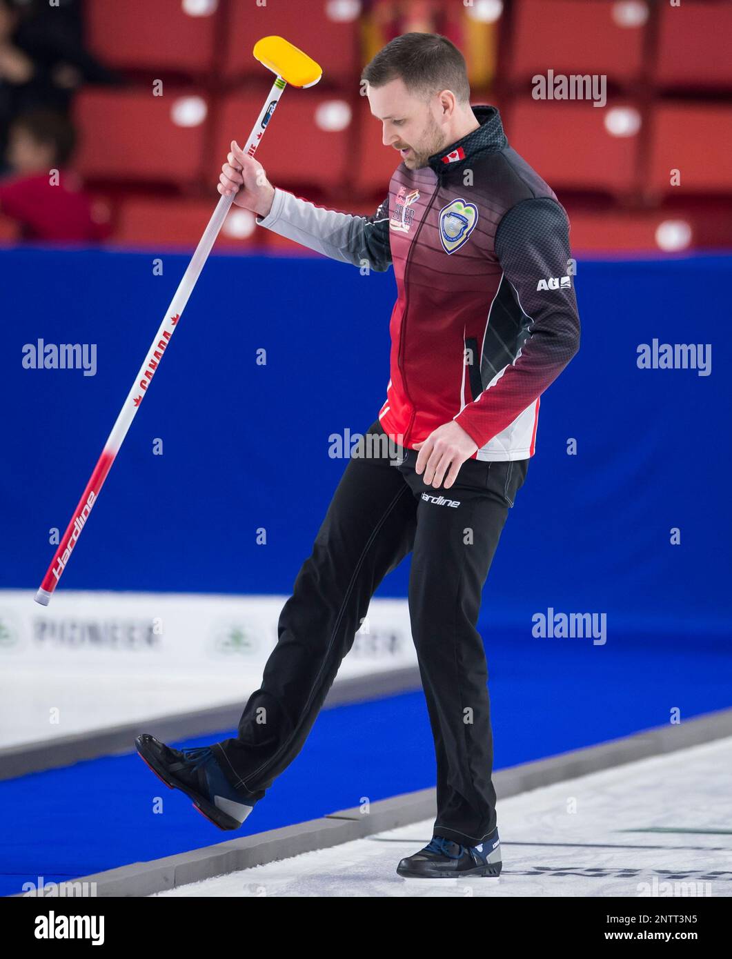 Team Canada skip Brad Gushue reacts to his shot during the Page Playoff ...