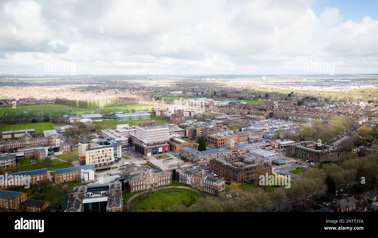 Hull University campus ariel drone view with buildings and city ...