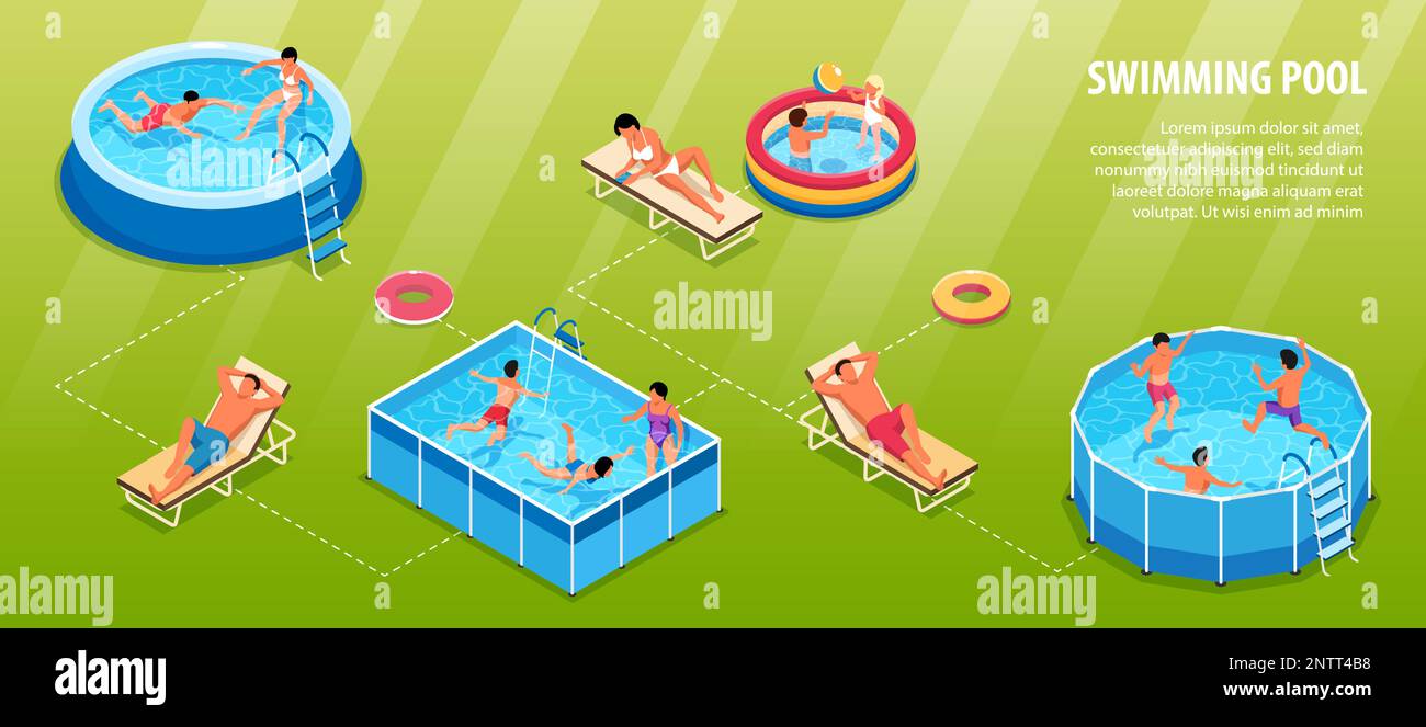 Isometric swimming pool infographics with water pools of different shape people lounge chairs ...