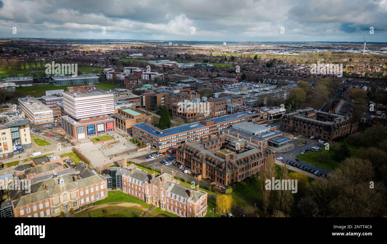 Hull University campus ariel drone view with buildings and city ...