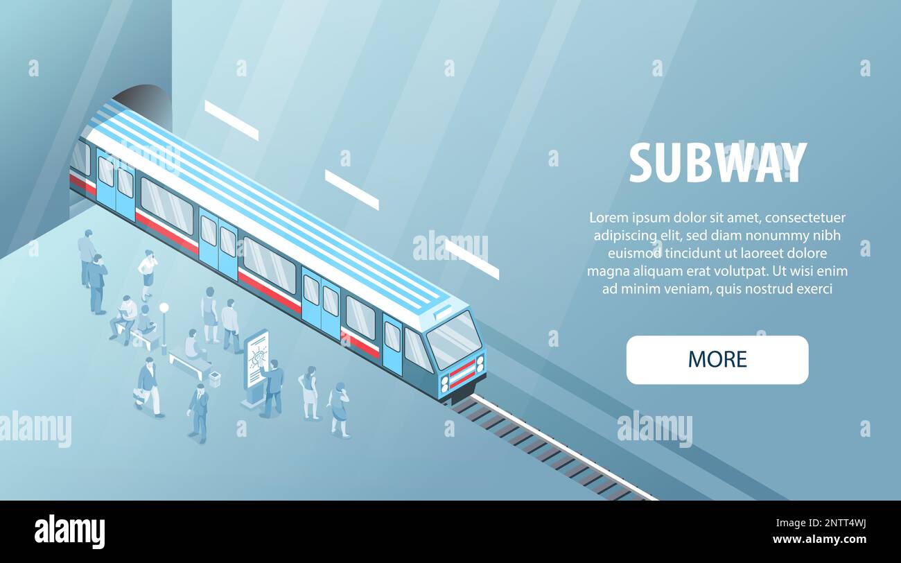 Isometric subway concept with underground train arriving on platform ...