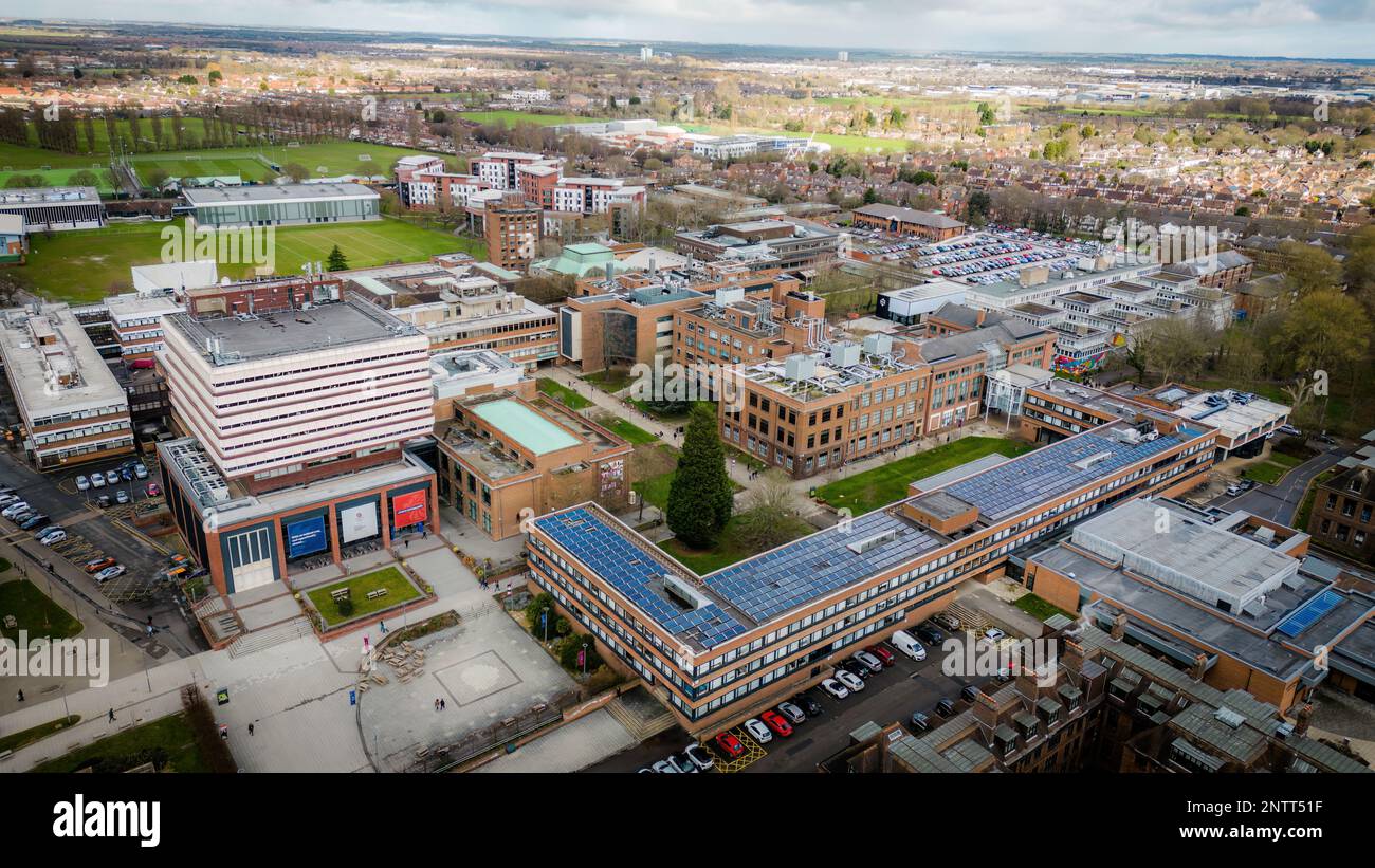 Hull University campus ariel drone view with buildings and city ...