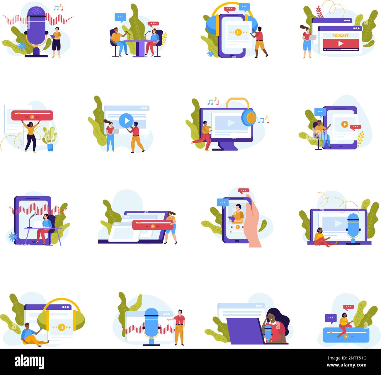 Podcast flat conceptual icons set with gadgets and people wearing ...