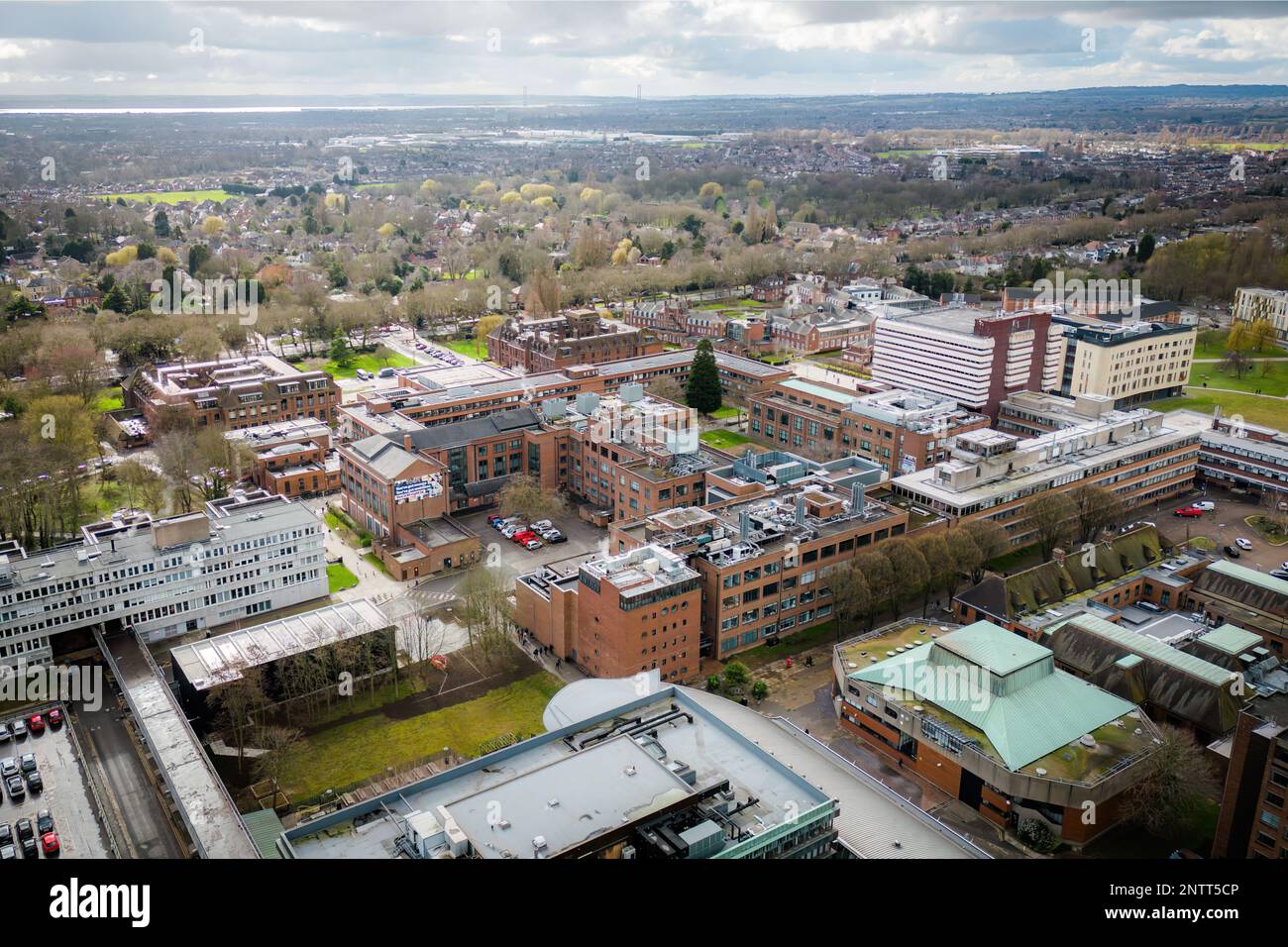 Hull University campus ariel drone view with buildings and city ...