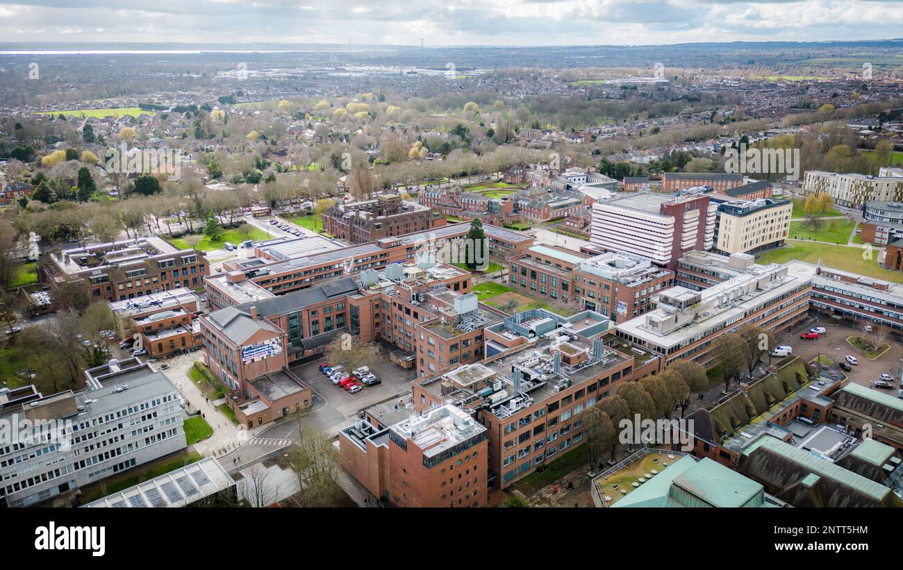 Hull University campus ariel drone view with buildings and city ...