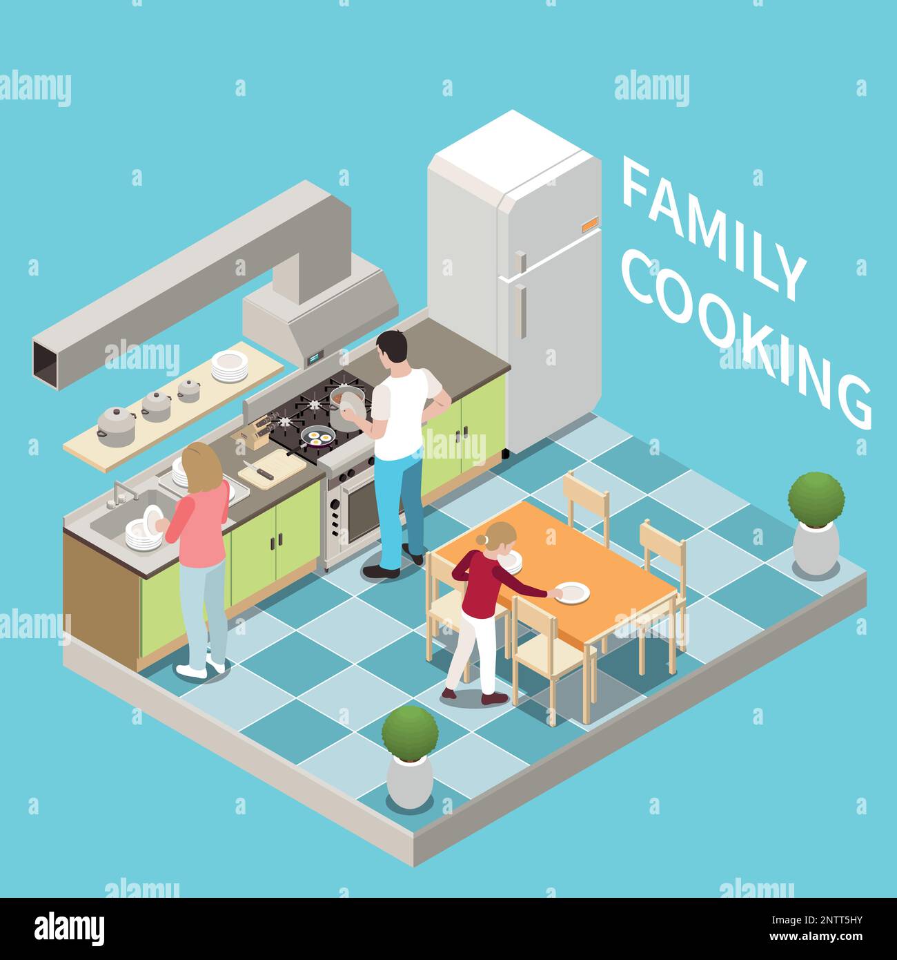 Family cooking isometric background with father preparing food mother ...