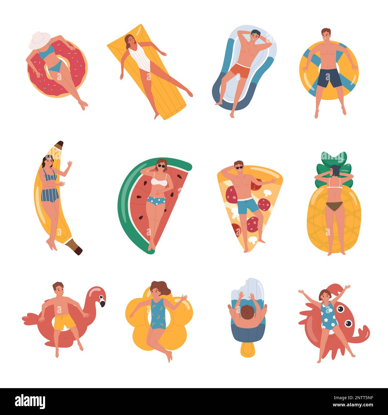 Flat set of people relaxing on various inflatable toys top view ...
