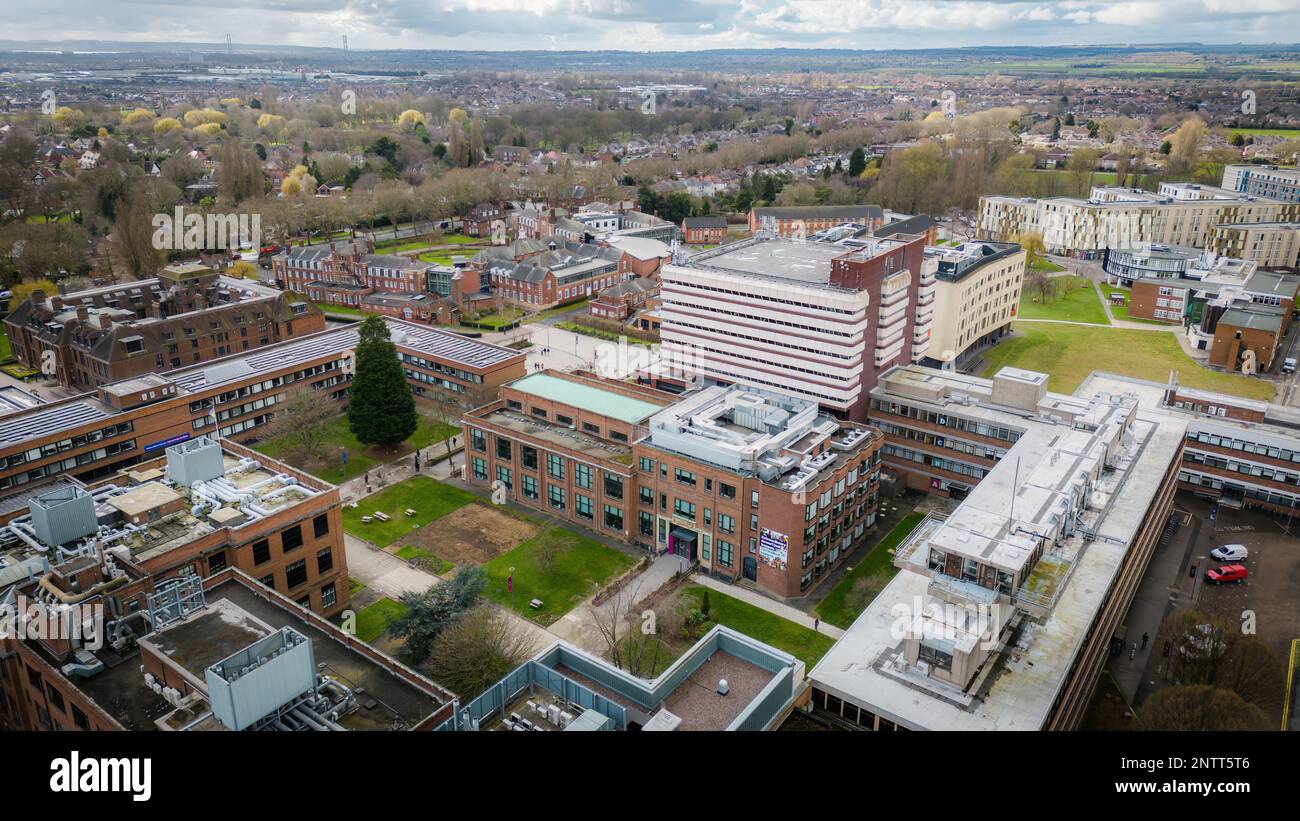 Hull University campus ariel drone view with buildings and city ...