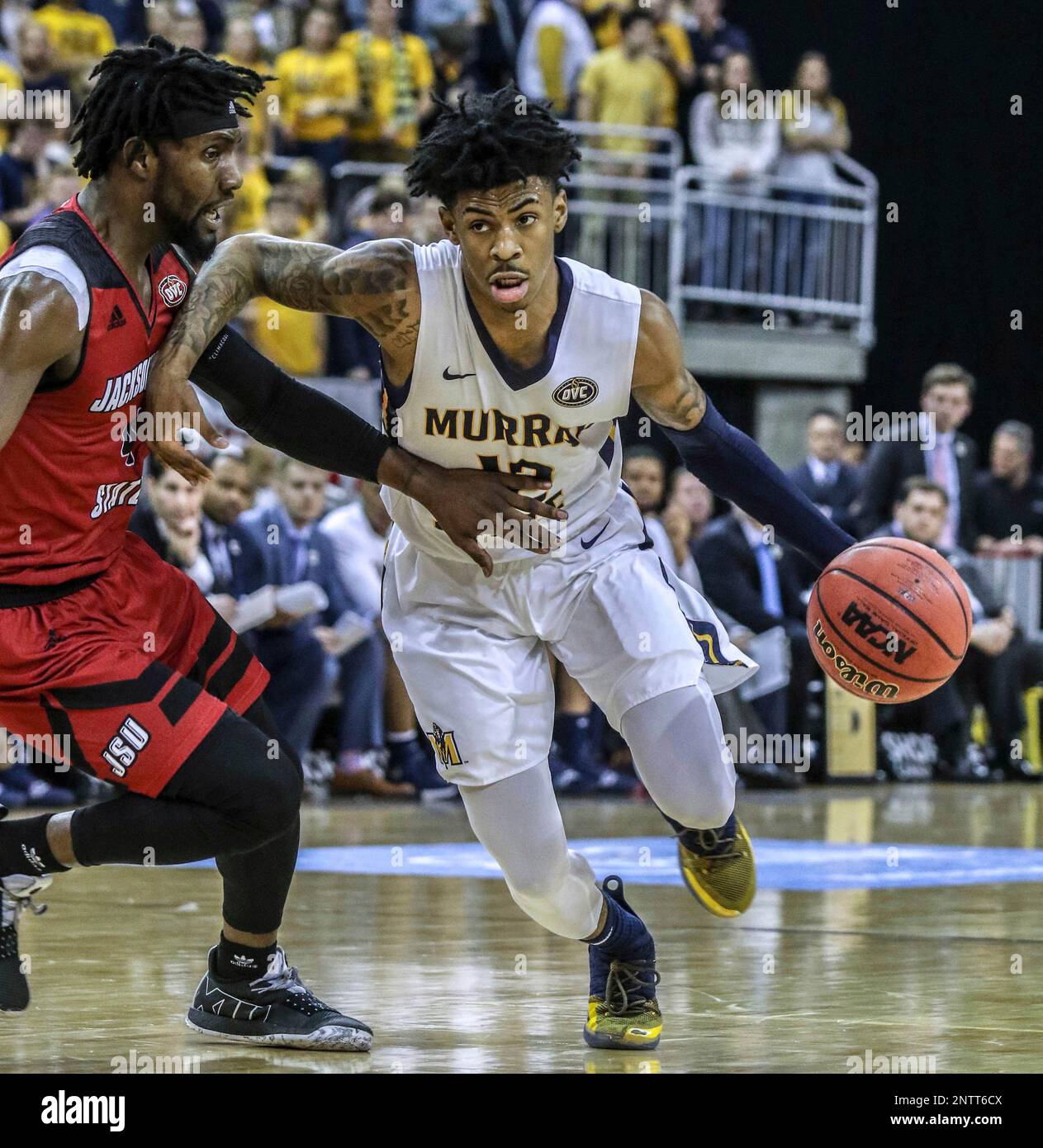Murray State's Ja Morant gets past Jacksonville State's Ty Hudson during the semifinals of the ...