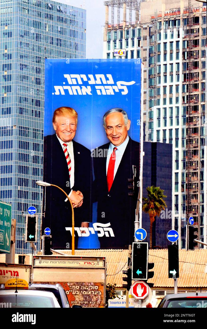 A huge poster that shows U.S. President Donald Trump and Prime Minister ...
