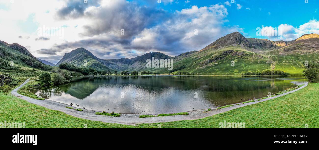 Buttermere Lake and surrounding mountains panorama with a drone in the ...